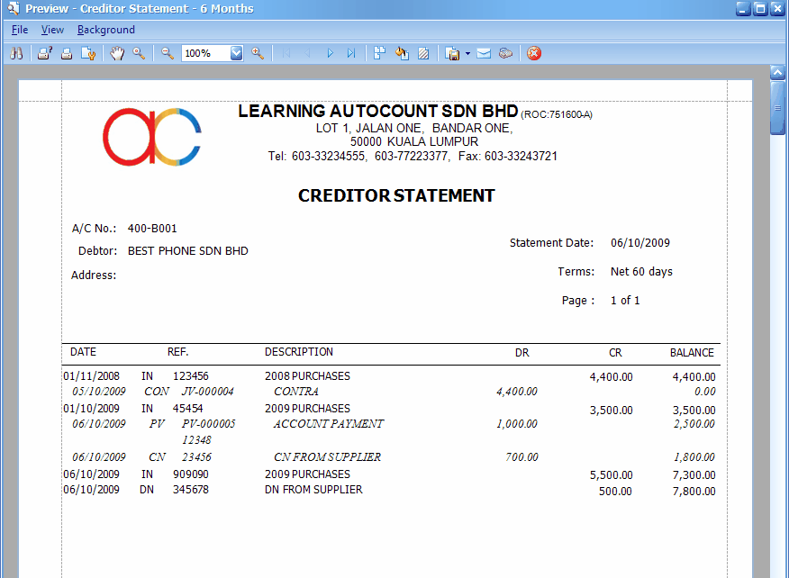 Creditor Statement Report