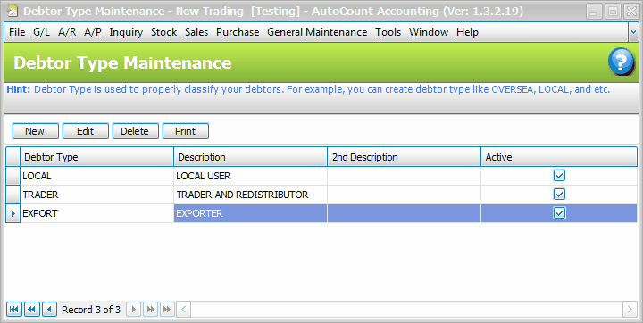 Debtor Type Maintenance