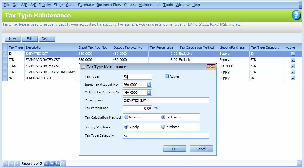 Tax Type Maintenance Tax Type Maintenance