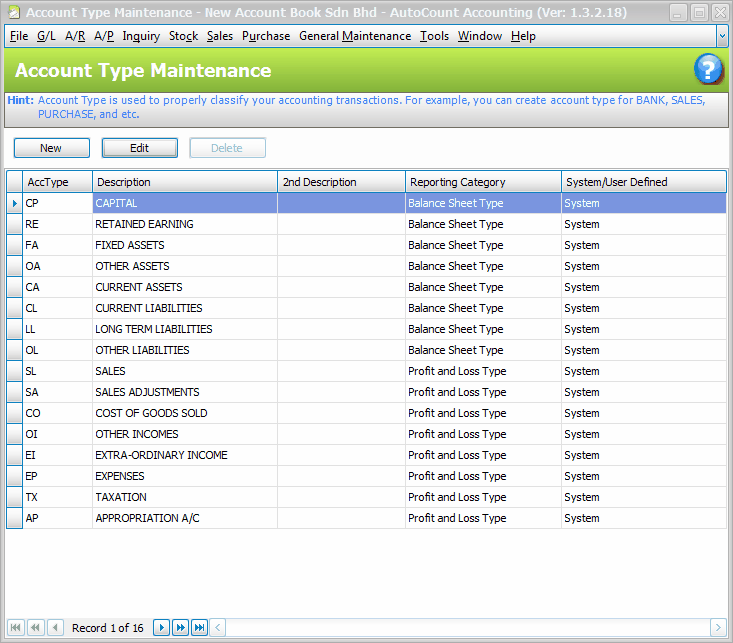 Account Type Maintenance