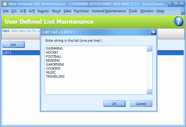 User Defined List Maintenance